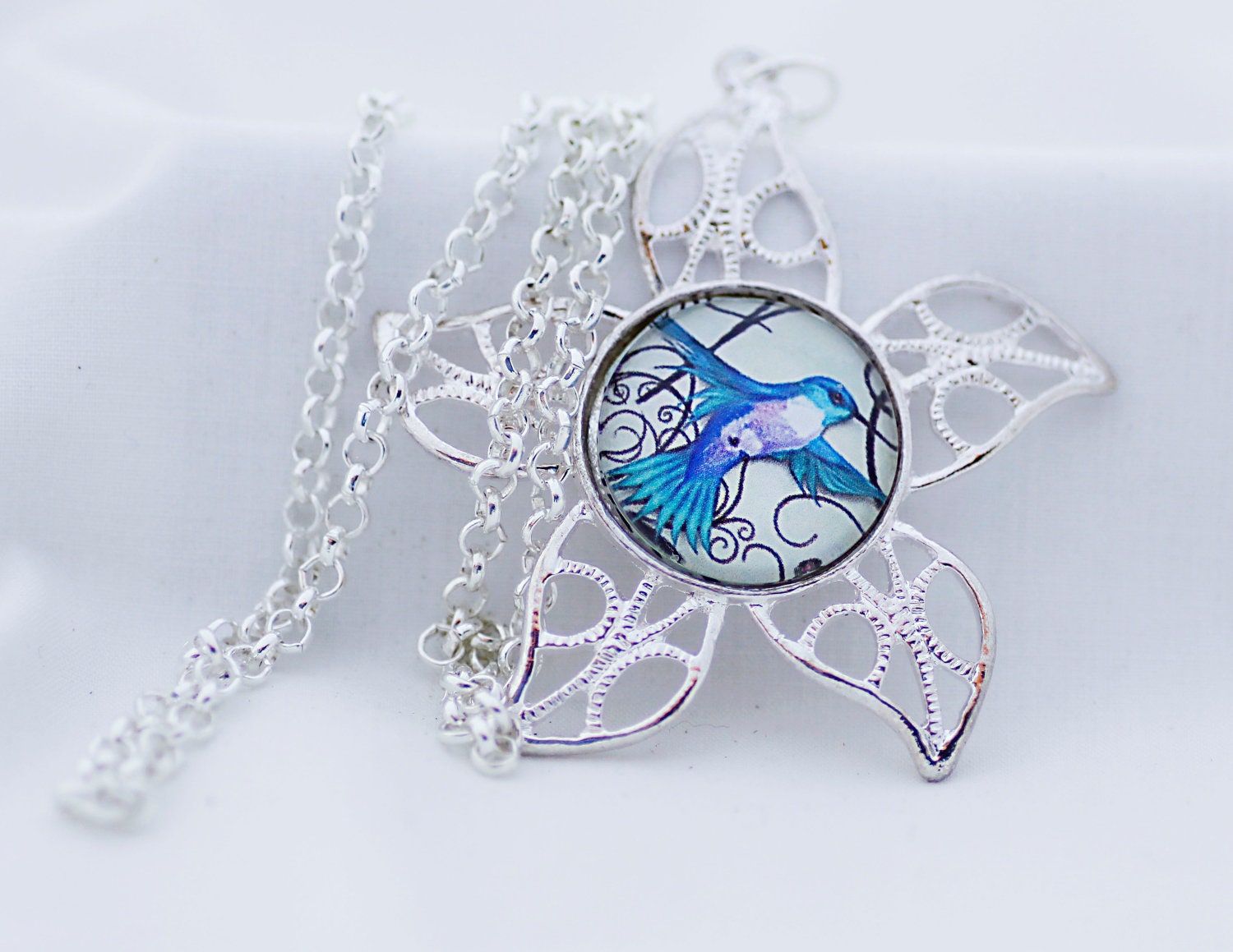 In Flight Blue Bird Necklace, Shiny Silver, Digital Art Picture Jewelry ...