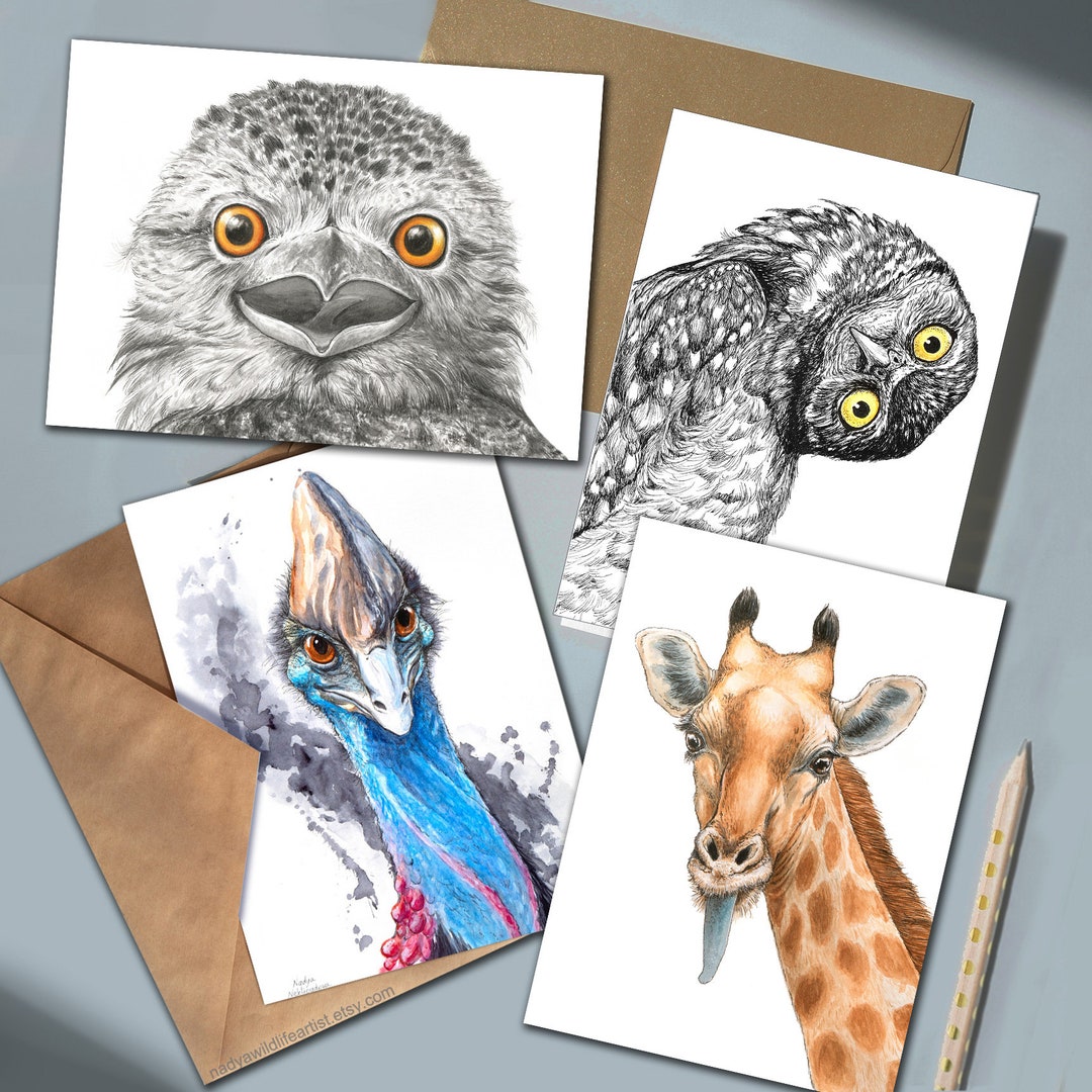 Set of 4 Cute Animal Cards 5x7 Inch Funny Animal Cards With Envelopes ...