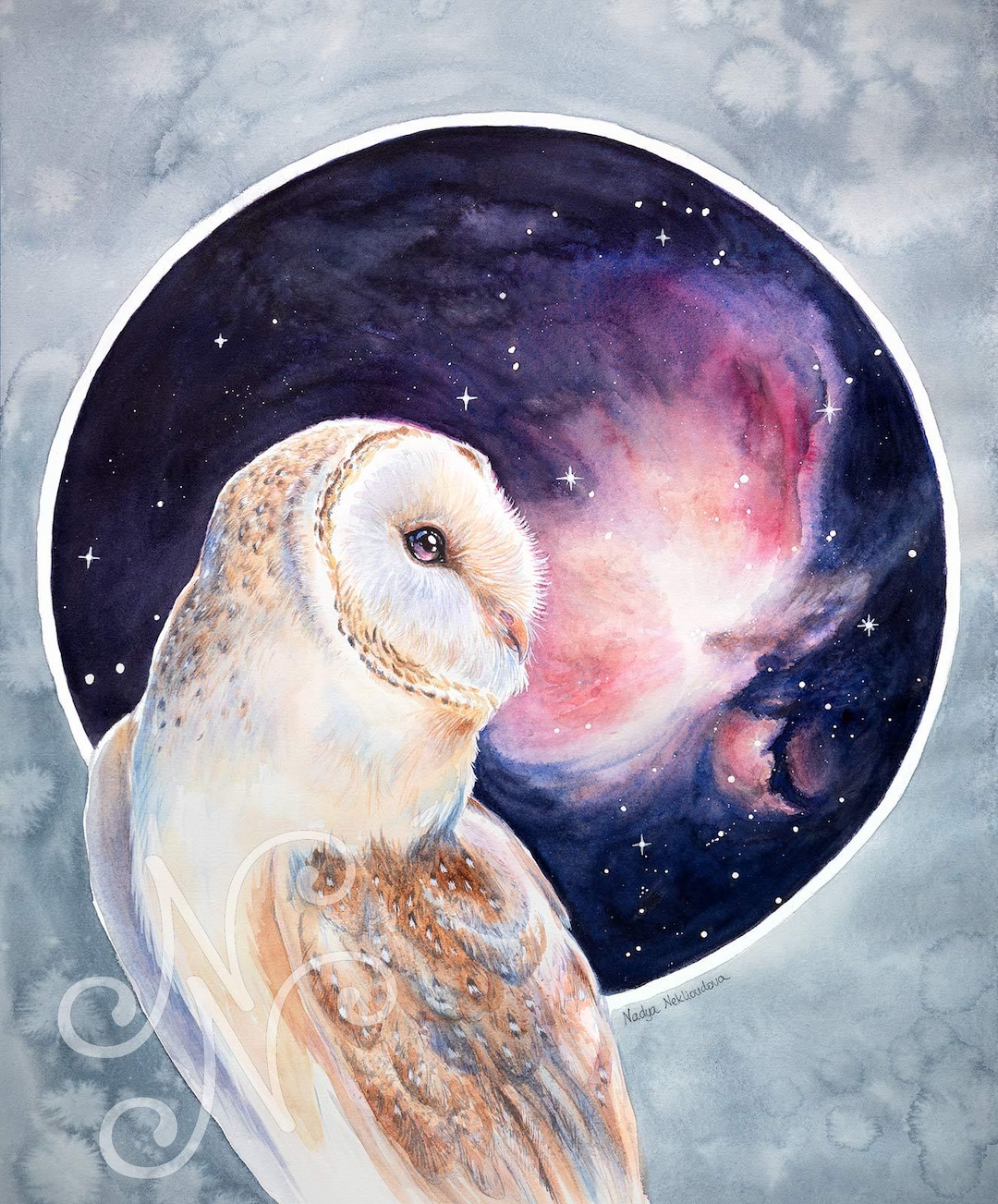 Celestial Barn Owl Art Print - Orion Nebula Watercolour, Mystical Gift ...