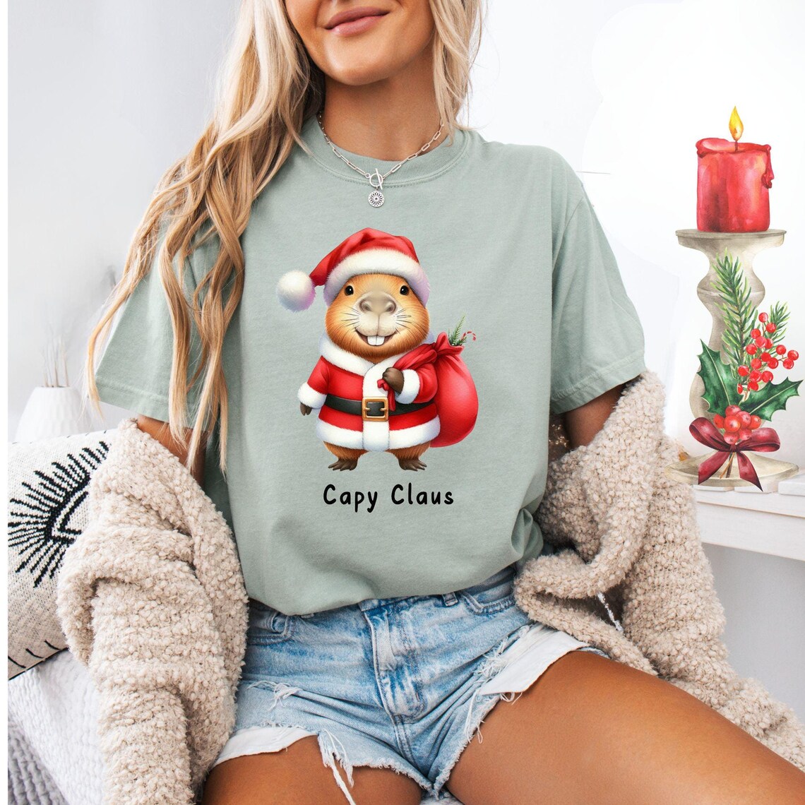 Capy Claus Christmas Capybara T-shirt Cute Capybara Santa Tee, Holiday ...