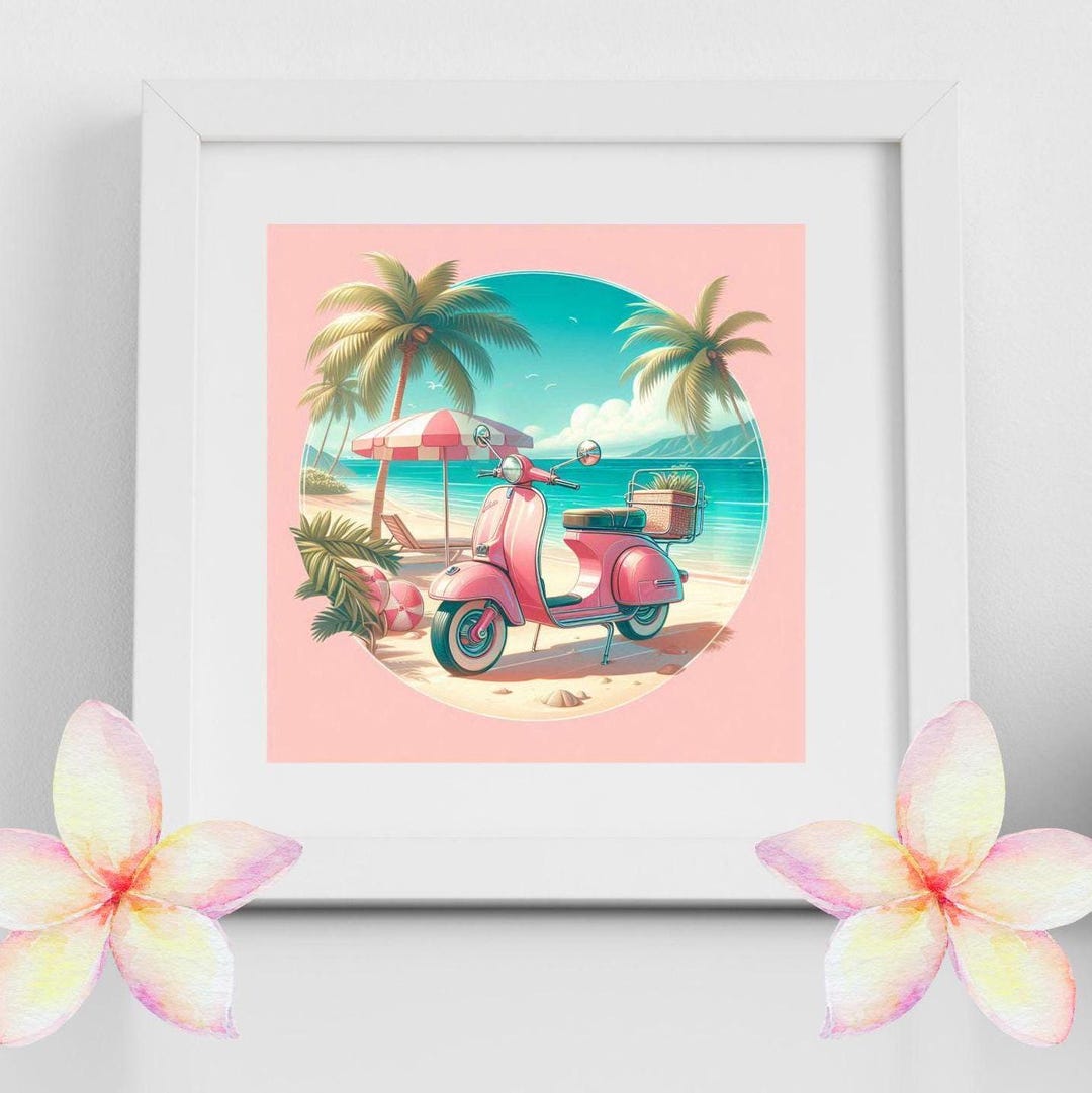 Retro Preppy Pink Scooter Mediterranean Beach Decor Vintage Aesthetics ...