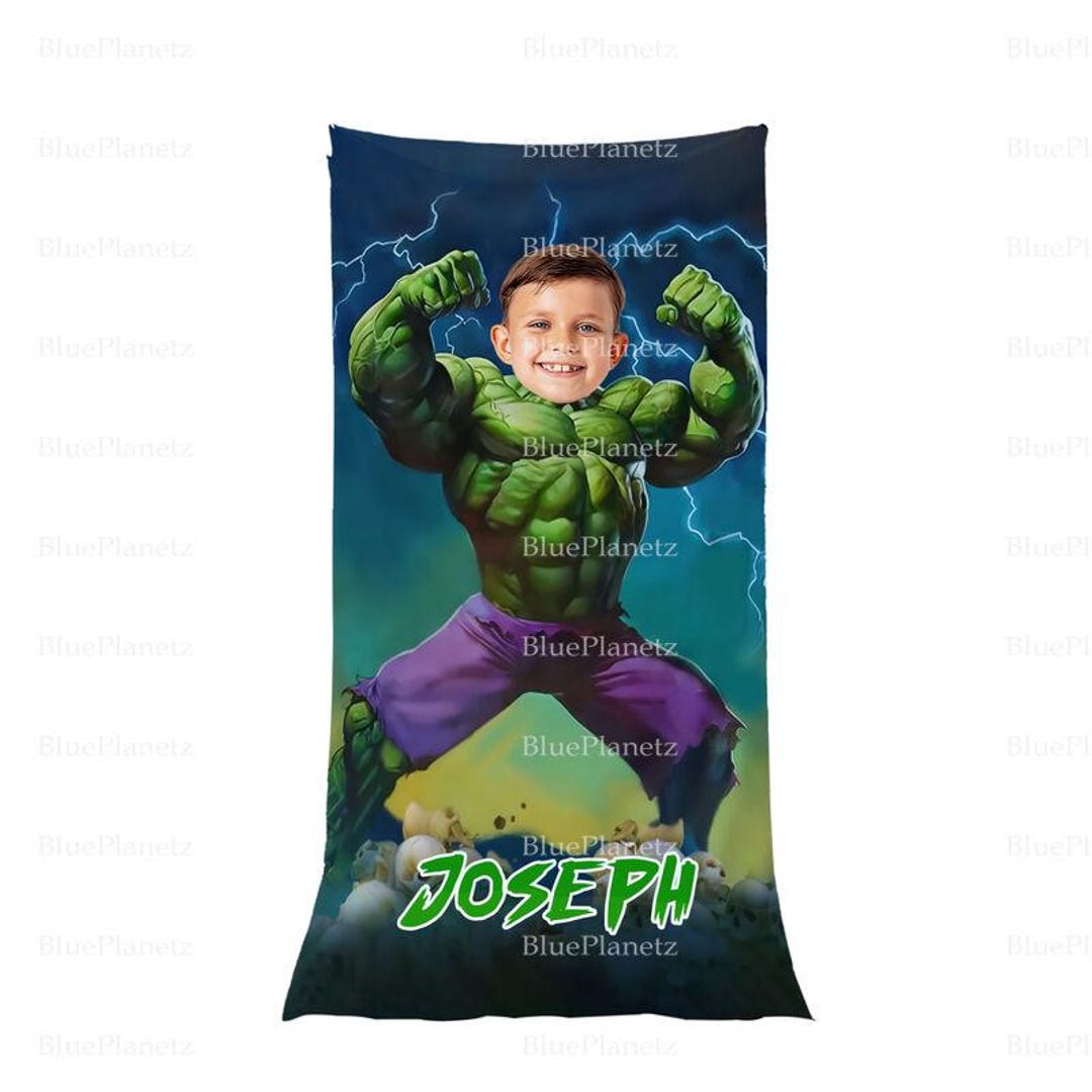Personalized Green Hulk Beach Towel, Custom Photo Name Superhero Beach ...
