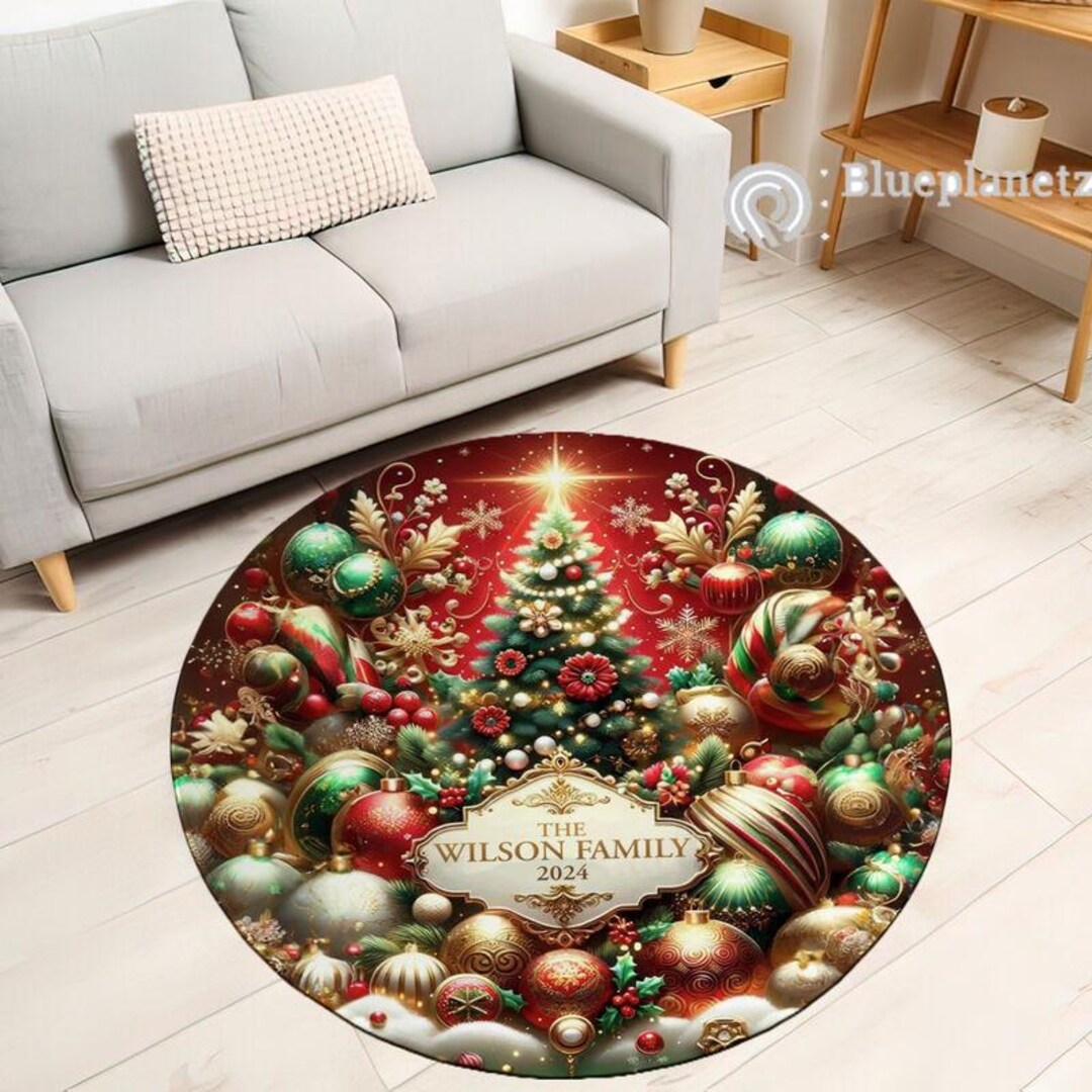 Personalized Christmas Round Rug, Custom Name Christmas Tree Round Rug ...