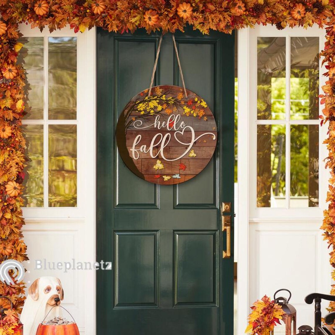 Personalized Autumn Door Hanger, Custom Hello Fall Round Wooden Sign ...