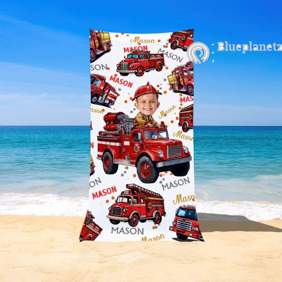 Custom Name Beach Towel, Personalized Fire Truck Beach Towel, Gift for ...
