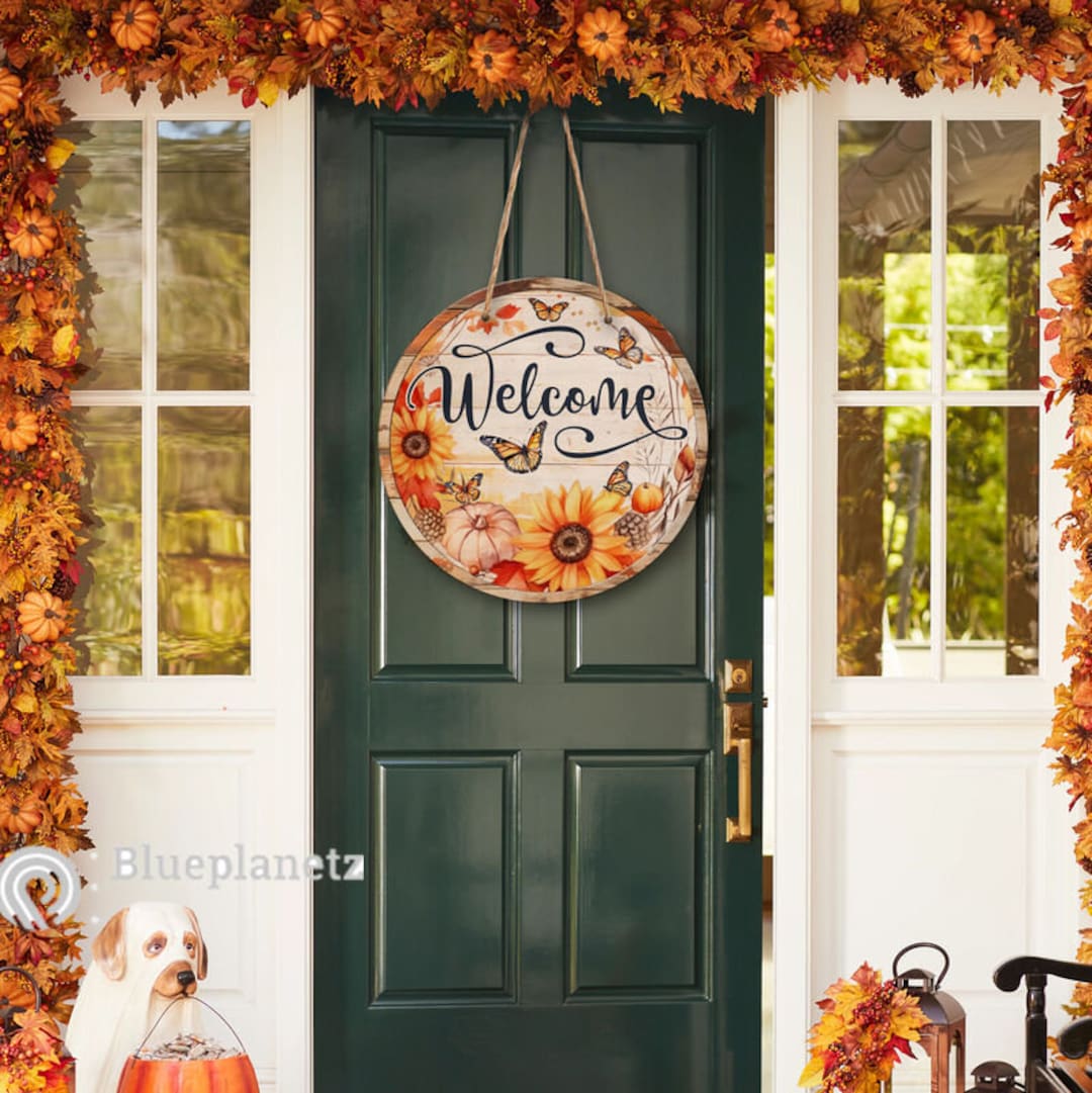 Personalized Welcome Fall Door Hanger, Custom Sunflower Pumpkin Round ...