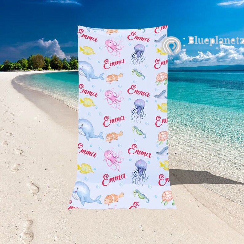 Custom Name Beach Towel, Personalized Under the Sea Jelly Fish Dolphin Octopus Beach Towel, Gift ...
