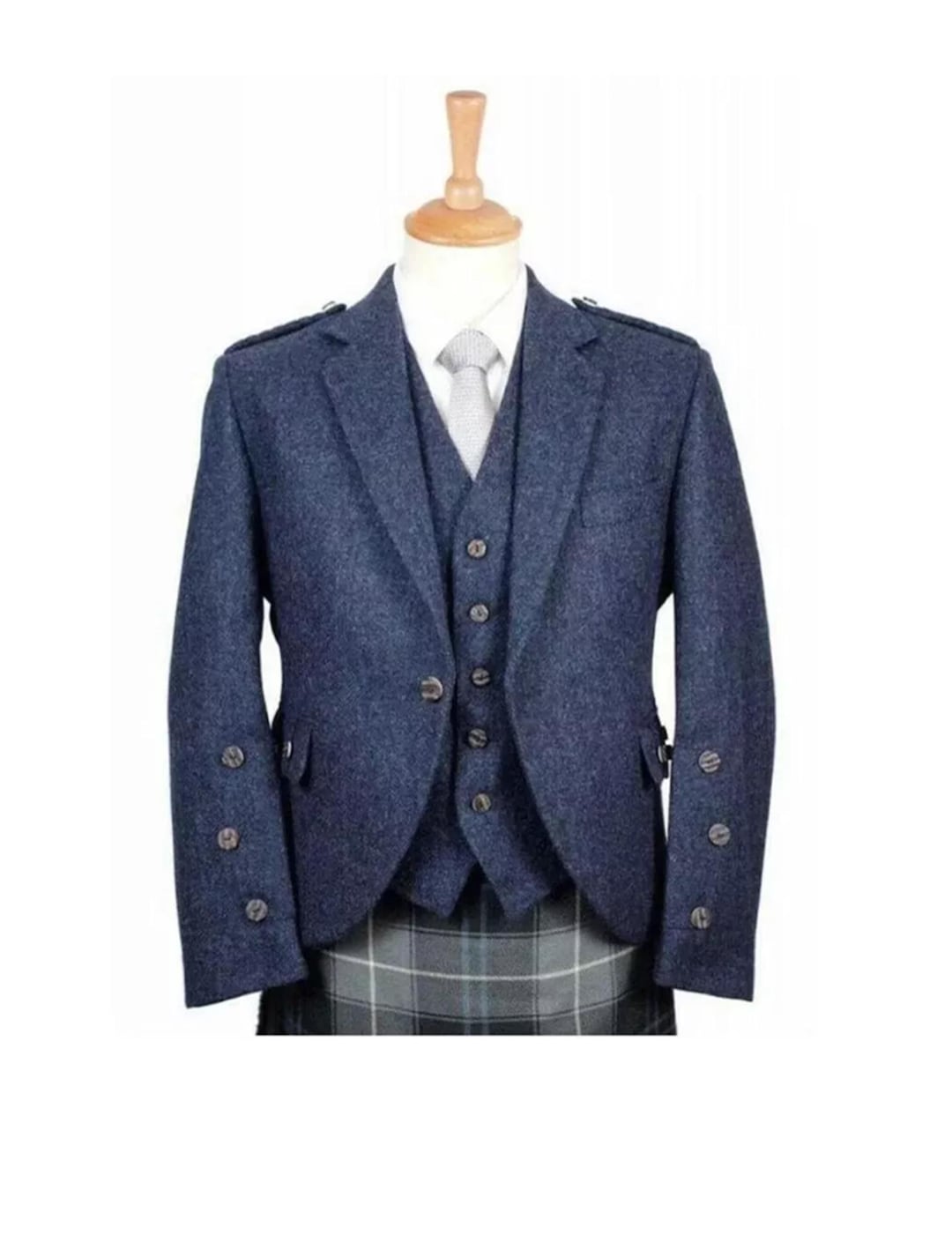 Men's Handmad Tweed Argyle Kilt Jacket With Waistcoat - Scottish Blue ...