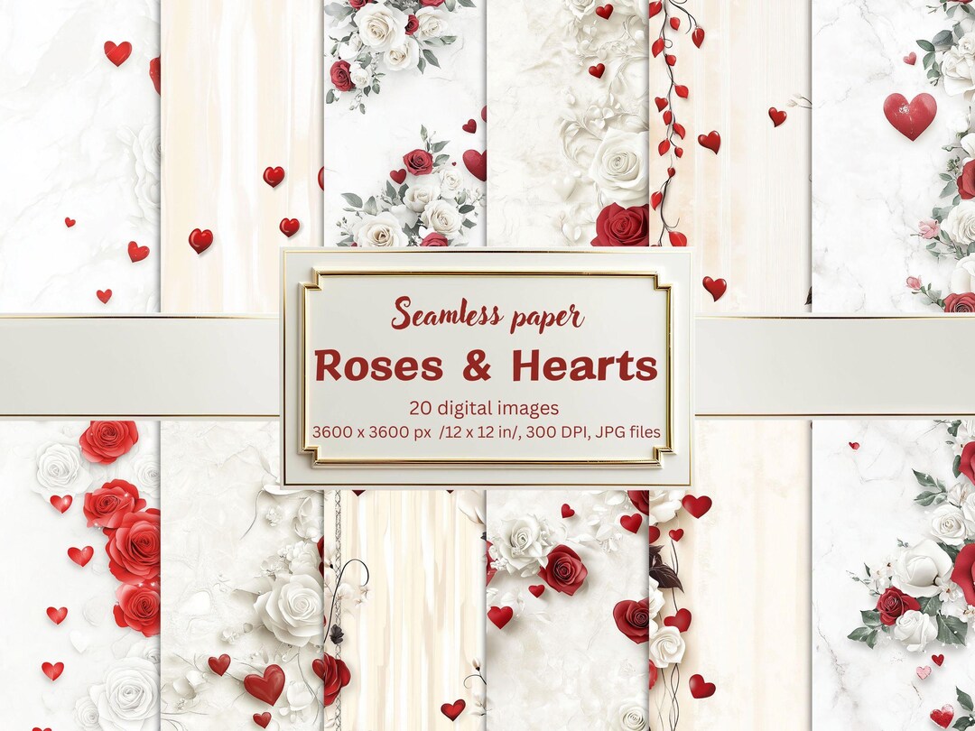 Romantic Roses and Hearts Digital Paper Bundle – 20 Red and White ...