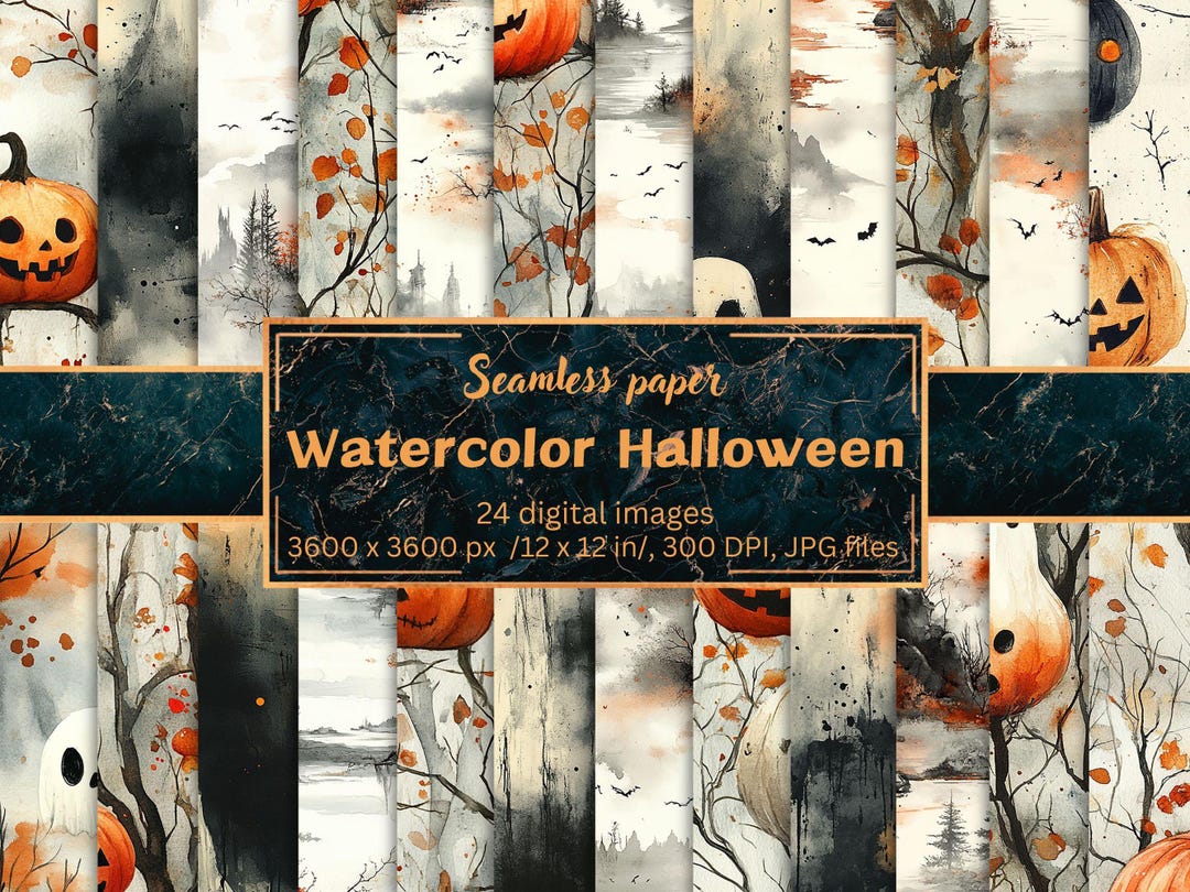 Watercolor Halloween Digital Paper, Spooky Pumpkins, Ghosts, Bats ...
