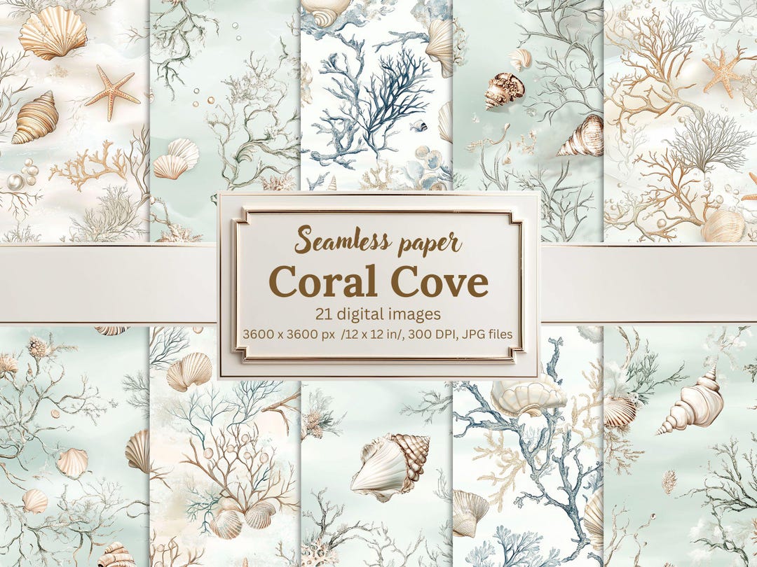 Coral, Shells & Starfish Digital Paper Bundle, 21 Seamless Ocean JPG ...