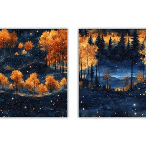 Golden Forest Nights Digital Paper, Seamless Autumn Night Forest, Stars ...