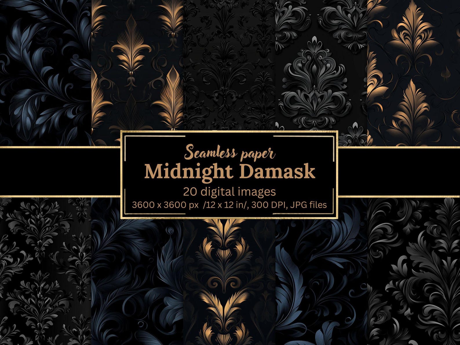 Midnight Damask Digital Paper Set, 20 Seamless Black Baroque Textures ...