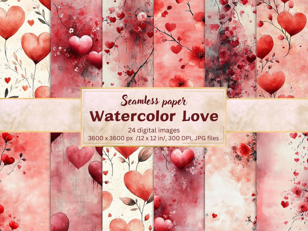 Watercolor Red Hearts Digital Paper Bundle, 24 Romantic Valentine’s ...