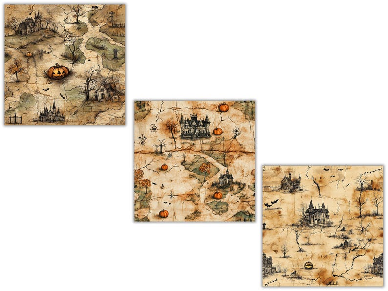 Haunted Treasure Map Digital Paper, Seamless Vintage Halloween Maps ...