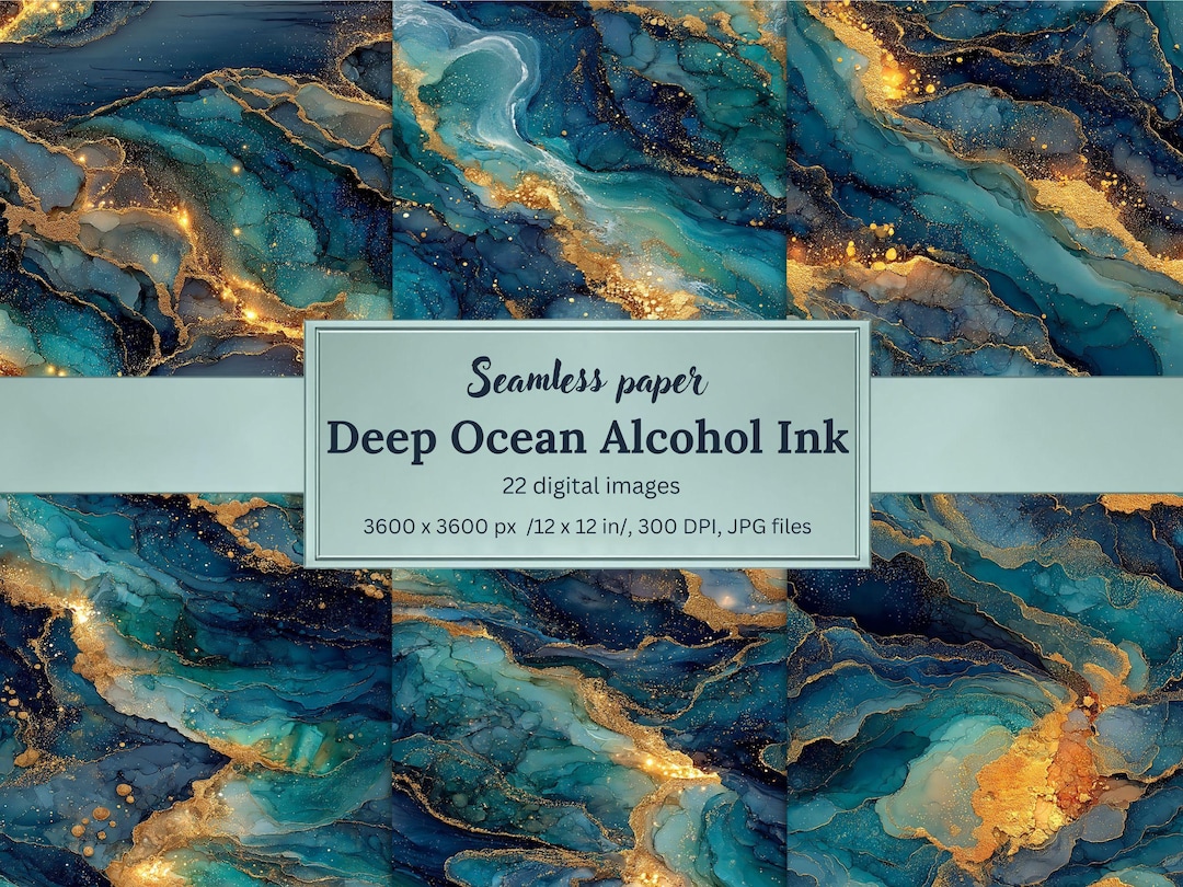 Deep Ocean Alcohol Ink Digital Papers, Seamless Blue Turquoise & Gold ...