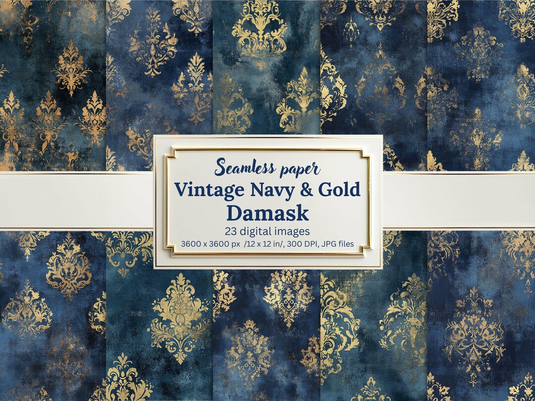 Vintage Navy and Gold Damask Digital Paper Bundle – 23 Seamless Baroque ...