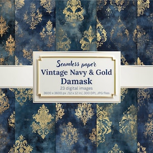 Vintage Navy and Gold Damask Digital Paper Bundle – 23 Seamless Baroque ...