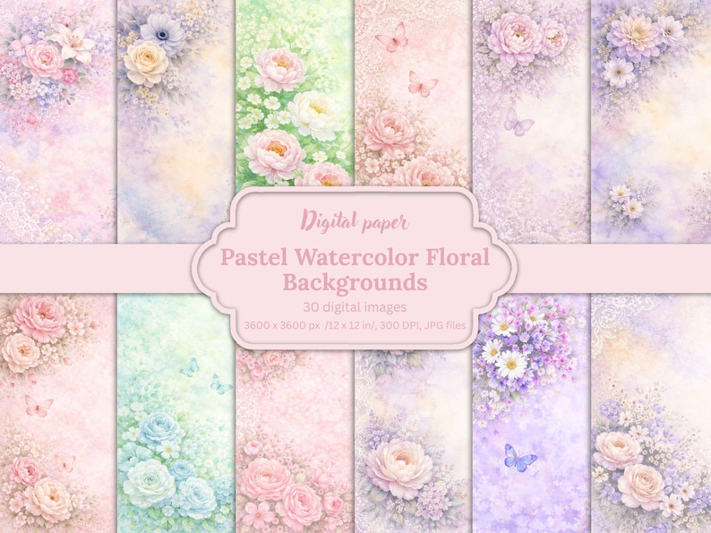 Pastel Watercolor Floral Backgrounds, Romantic Vintage Shabby Chic ...