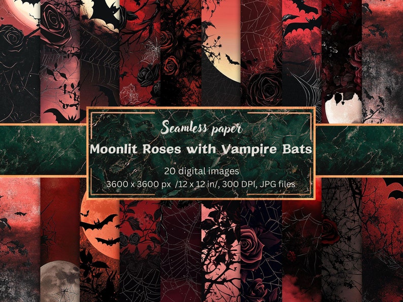 Moonlit Roses and Vampire Bats Halloween Digital Papers, Red Black ...