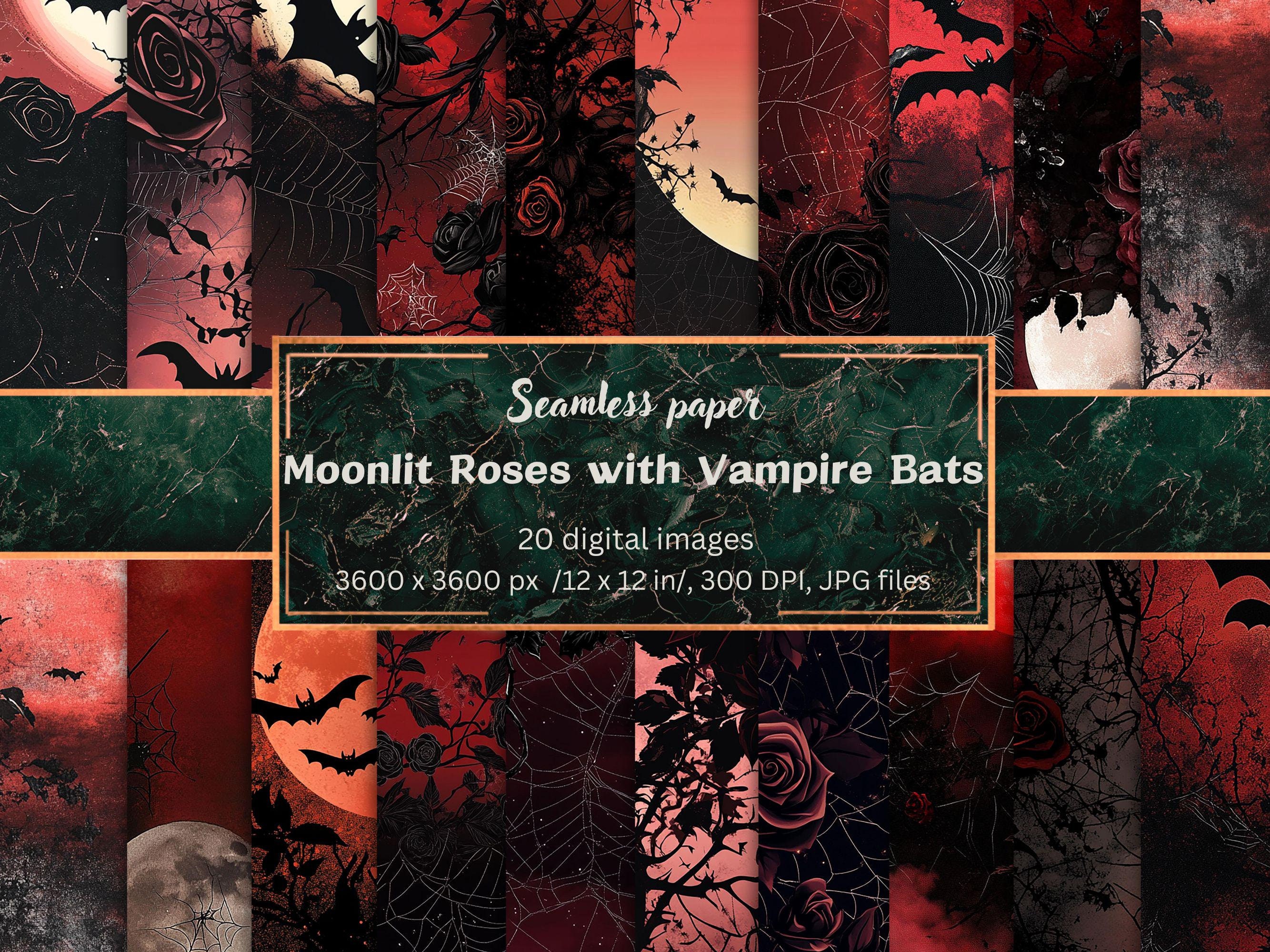 Moonlit Roses and Vampire Bats Halloween Digital Papers, Red Black ...