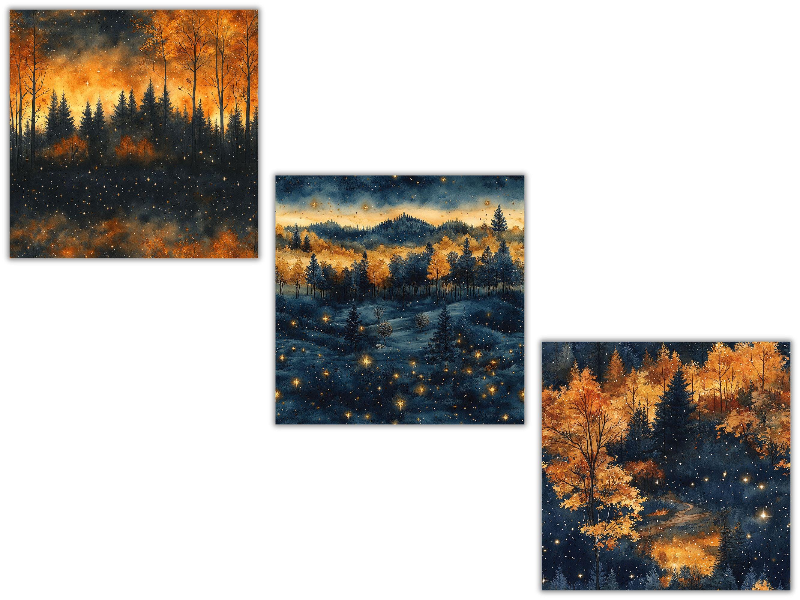 Golden Forest Nights Digital Paper, Seamless Autumn Night Forest, Stars ...
