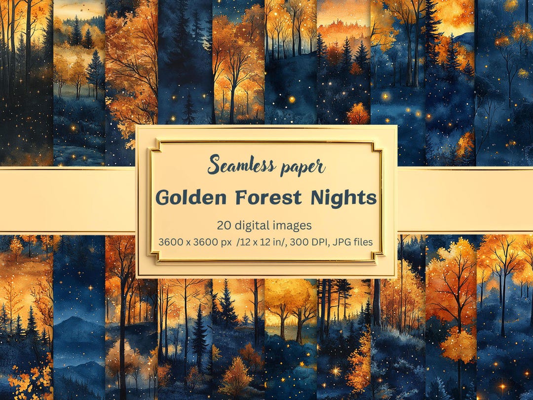 Golden Forest Nights Digital Paper, Seamless Autumn Night Forest, Stars ...