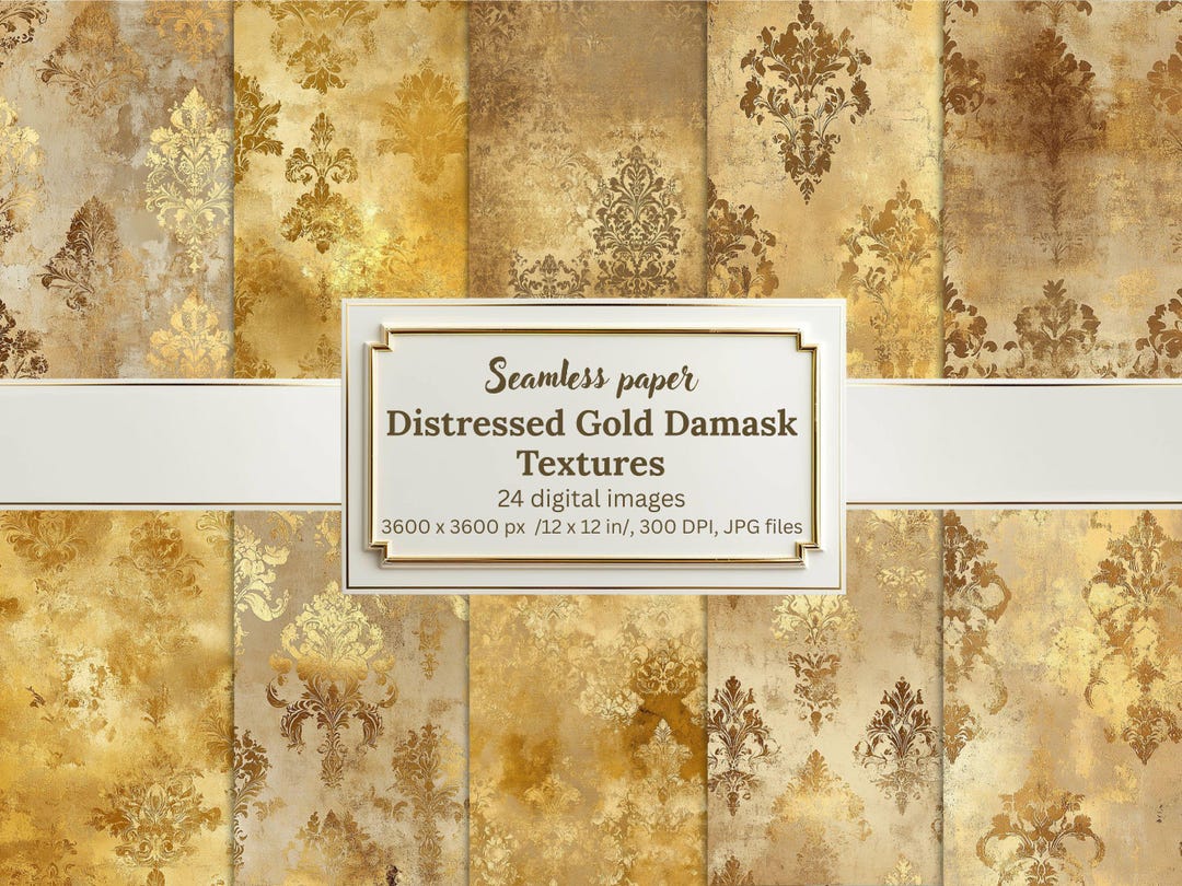 Distressed Gold Damask Digital Paper Bundle, 24 Seamless Vintage ...