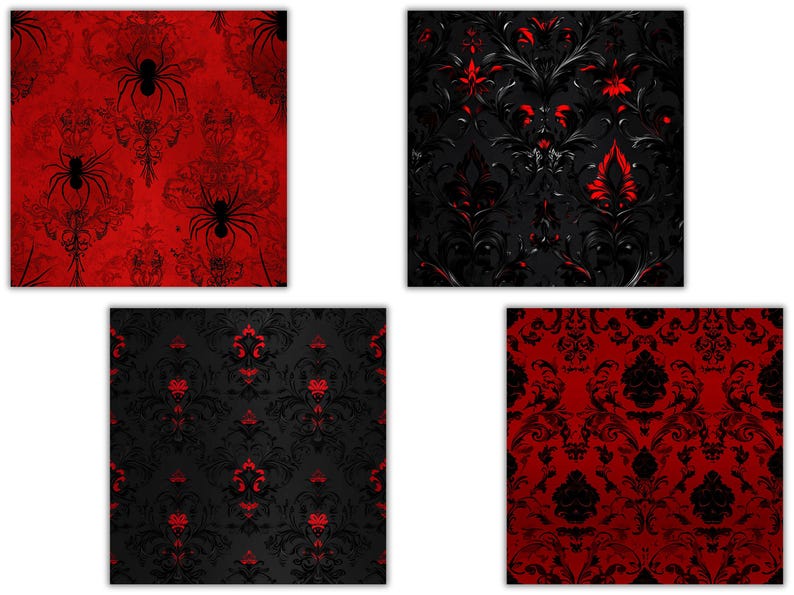 Gothic Halloween Elegance Digital Papers, Black & Red Damask, Roses ...