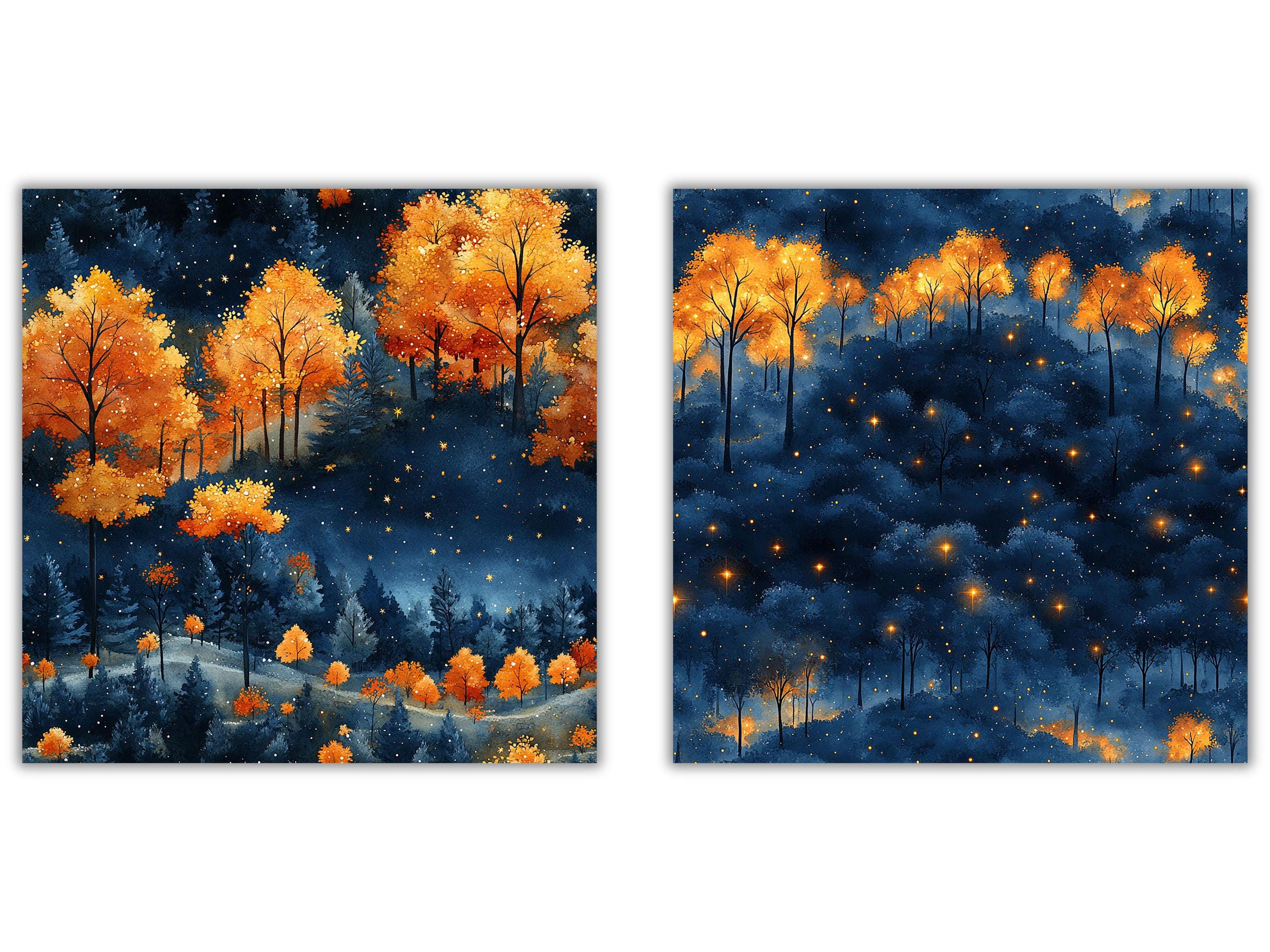 Golden Forest Nights Digital Paper, Seamless Autumn Night Forest, Stars ...