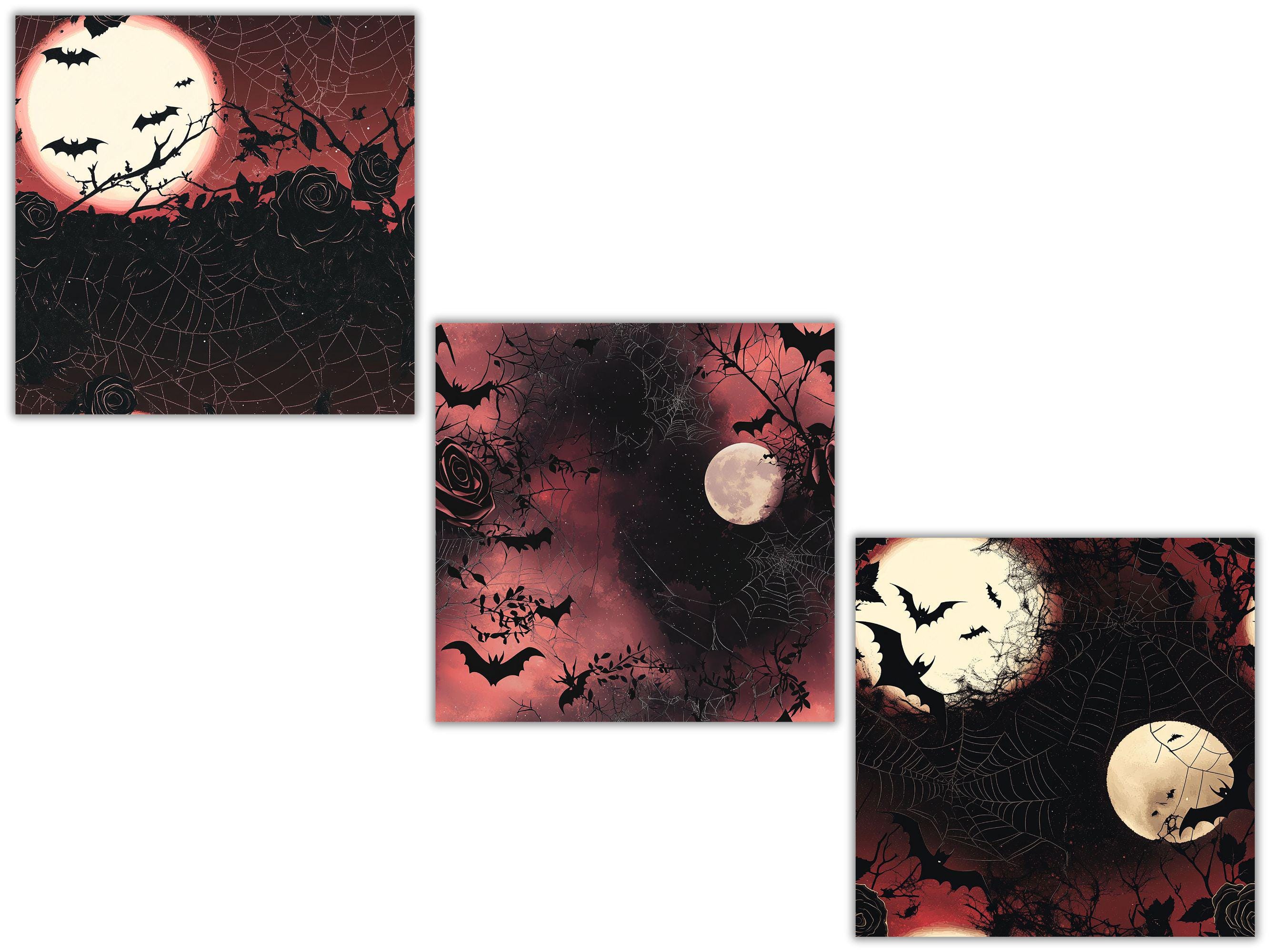 Moonlit Roses and Vampire Bats Halloween Digital Papers, Red Black ...