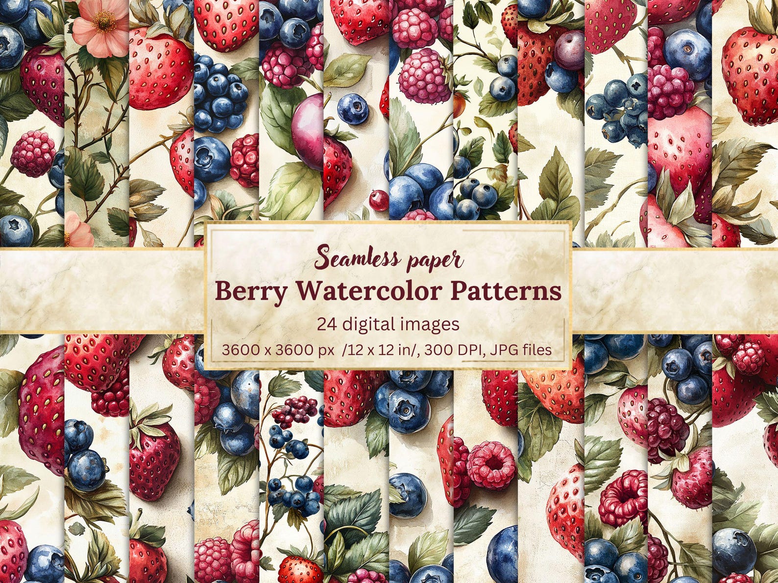 Berry Watercolor Digital Papers | 24 Seamless Patterns | Strawberries ...