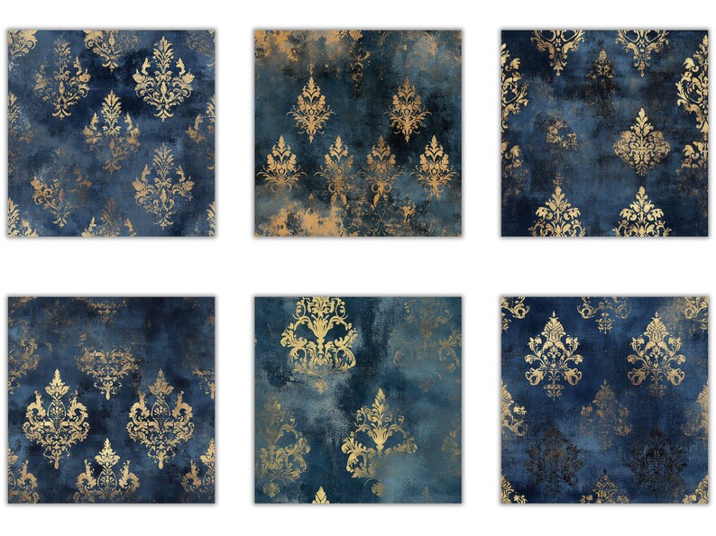 Vintage Navy and Gold Damask Digital Paper Bundle – 23 Seamless Baroque ...