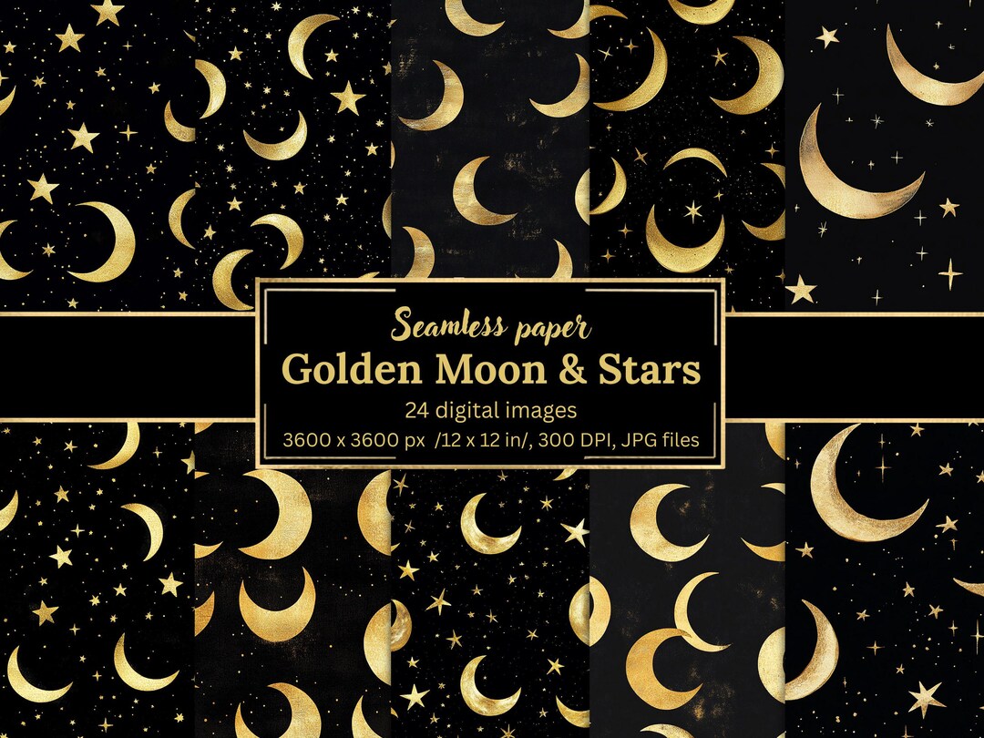 Golden Moon and Stars Digital Paper Bundle, 24 Black and Gold Celestial ...