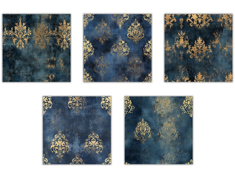 Vintage Navy and Gold Damask Digital Paper Bundle – 23 Seamless Baroque ...