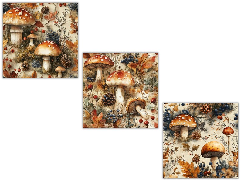 Watercolor Autumn Forest Motifs Seamless Digital Paper, Mushrooms ...