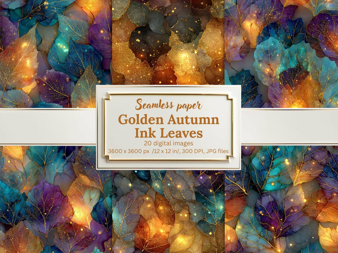 Golden Autumn Ink Leaves Digital Paper Pack, Seamless Alcohol Ink ...