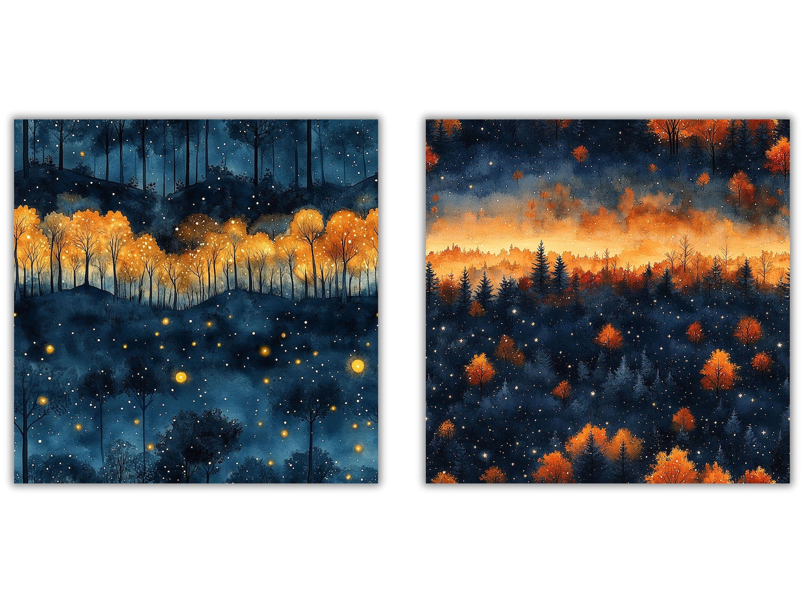 Golden Forest Nights Digital Paper, Seamless Autumn Night Forest, Stars ...