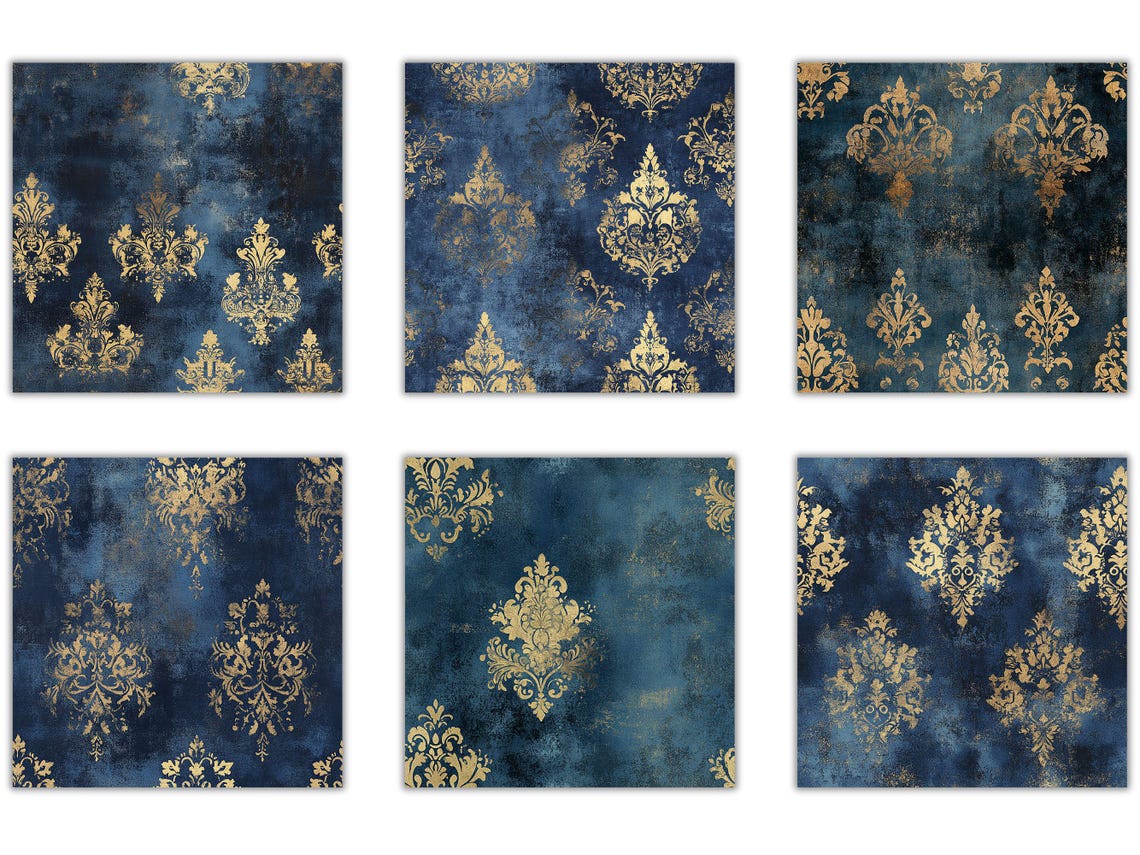 Vintage Navy and Gold Damask Digital Paper Bundle – 23 Seamless Baroque ...