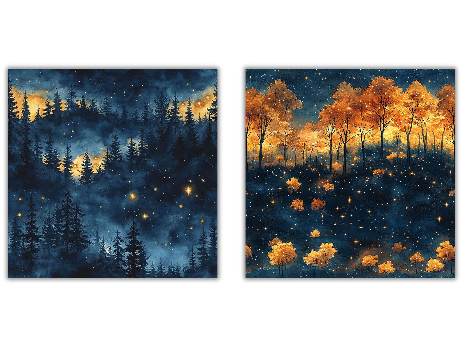 Golden Forest Nights Digital Paper, Seamless Autumn Night Forest, Stars ...