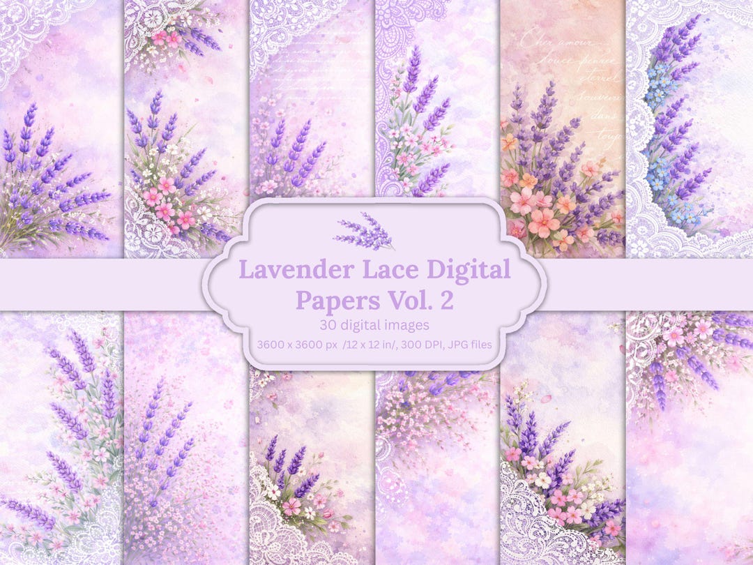 Lavender Lace Digital Paper Pack, Pastel Floral Backgrounds, Watercolor ...