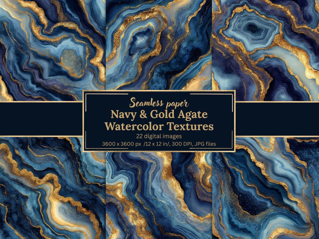 Navy and Gold Agate Watercolor Textures, 22 Seamless Digital Papers ...
