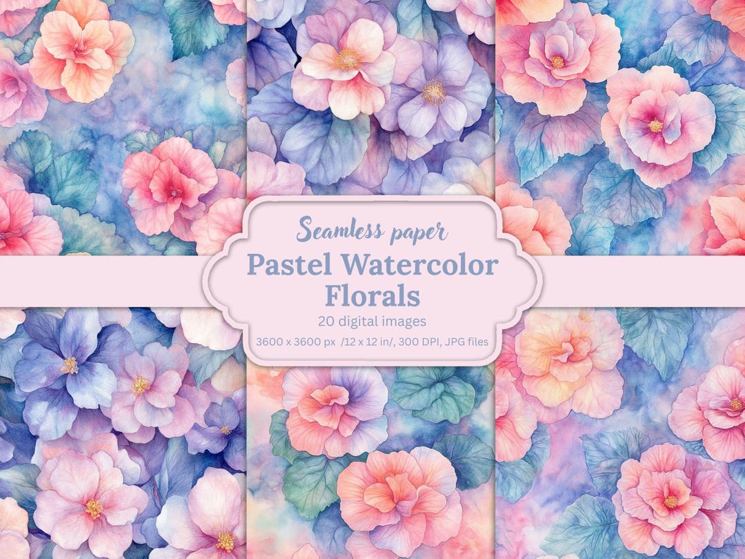 Pastel Watercolor Florals Digital Paper Bundle, Seamless Flower ...