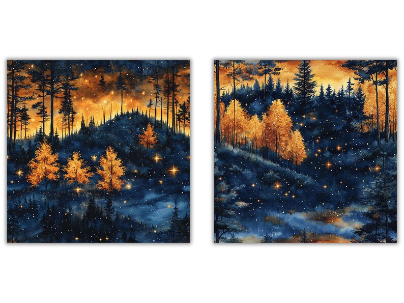 Golden Forest Nights Digital Paper, Seamless Autumn Night Forest, Stars ...
