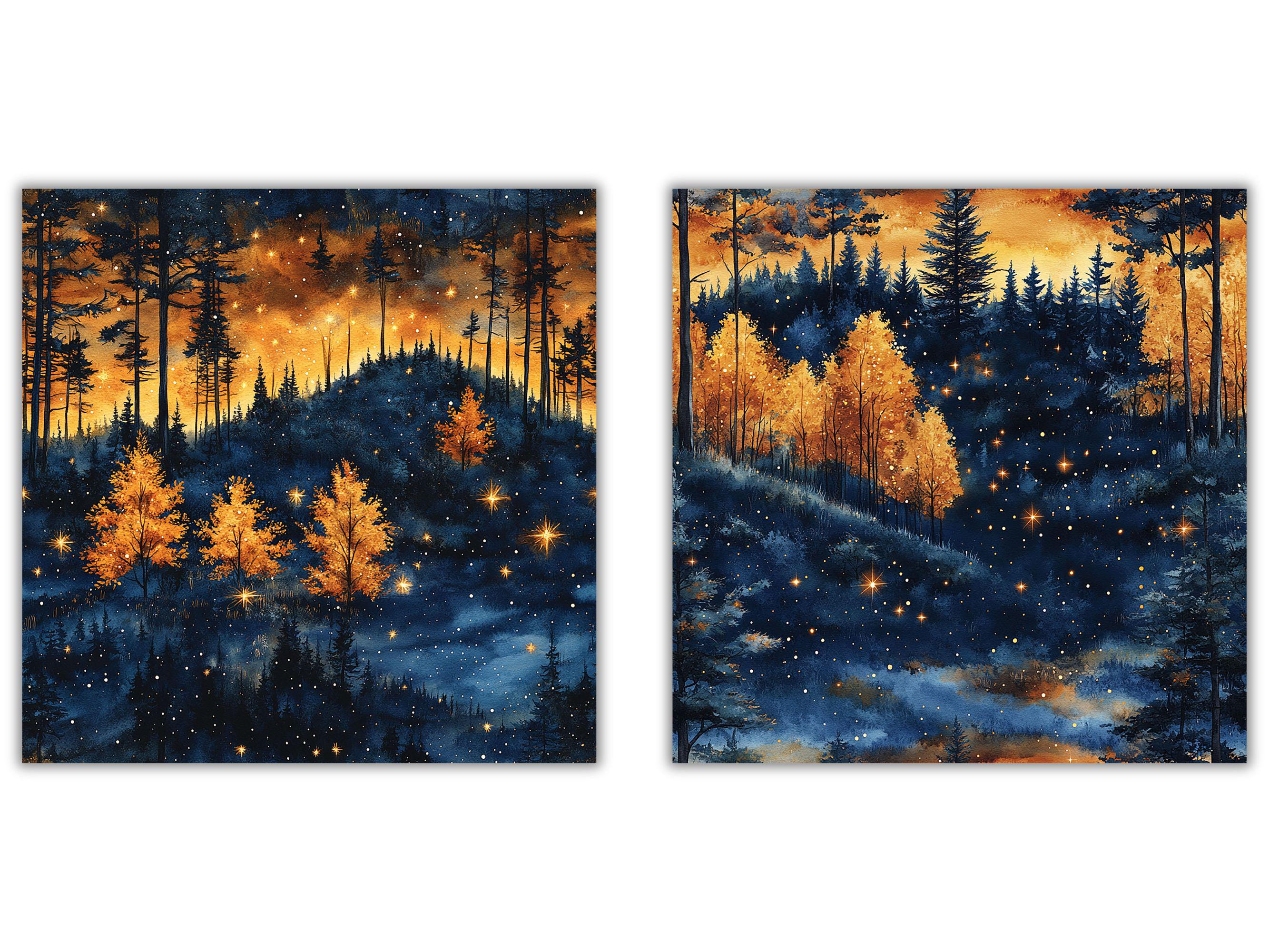 Golden Forest Nights Digital Paper, Seamless Autumn Night Forest, Stars ...