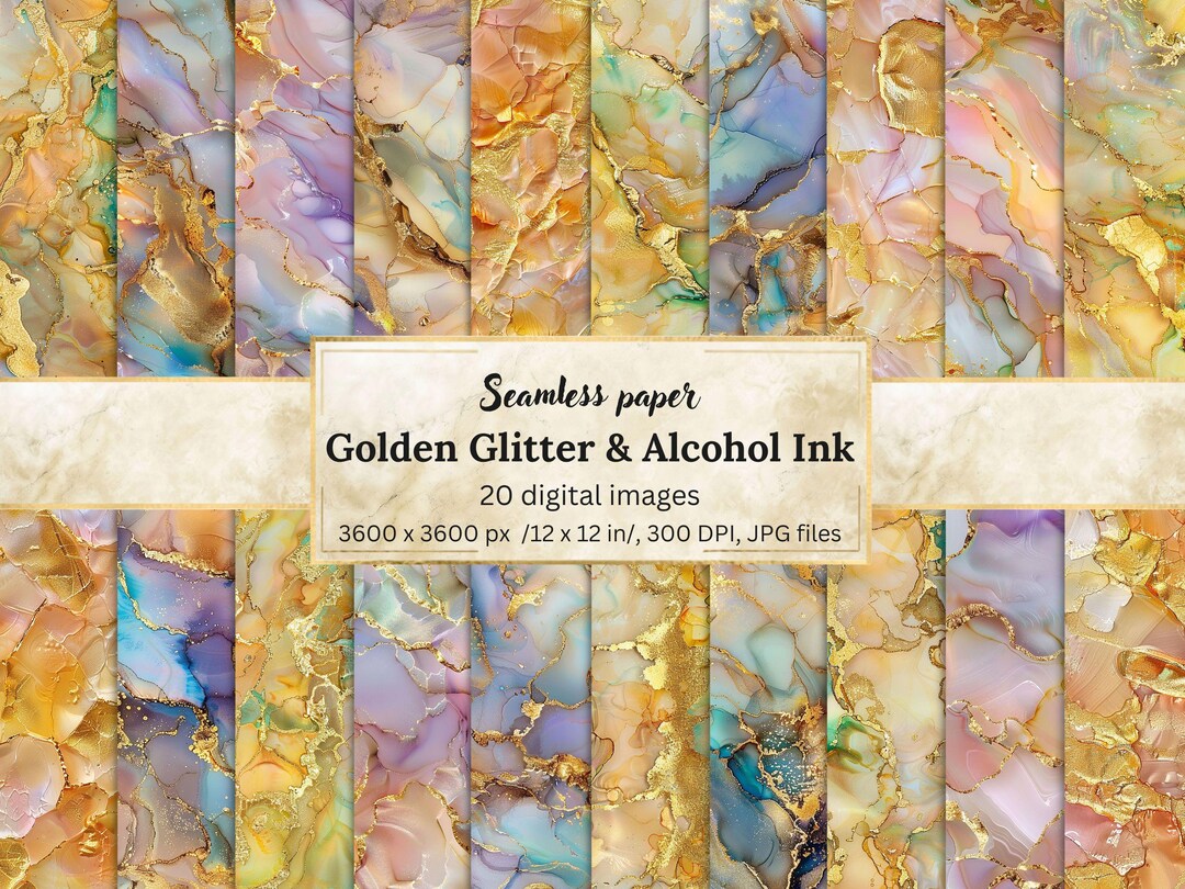 Golden Glitter & Alcohol Ink Digital Paper | 20 Luxury Holographic ...