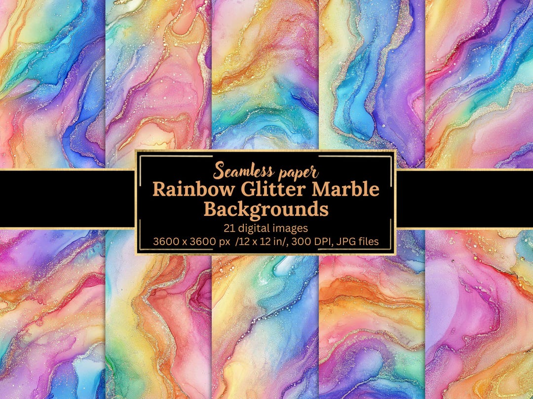 Rainbow Glitter Marble Digital Paper Bundle, 21 Seamless Holographic ...