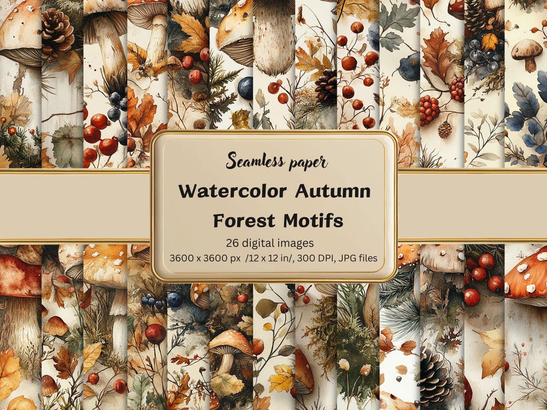 Watercolor Autumn Forest Motifs Seamless Digital Paper, Mushrooms ...