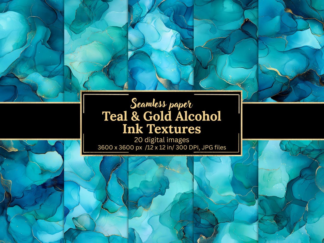 Teal and Gold Alcohol Ink Digital Paper Bundle, 20 Seamless Textures ...