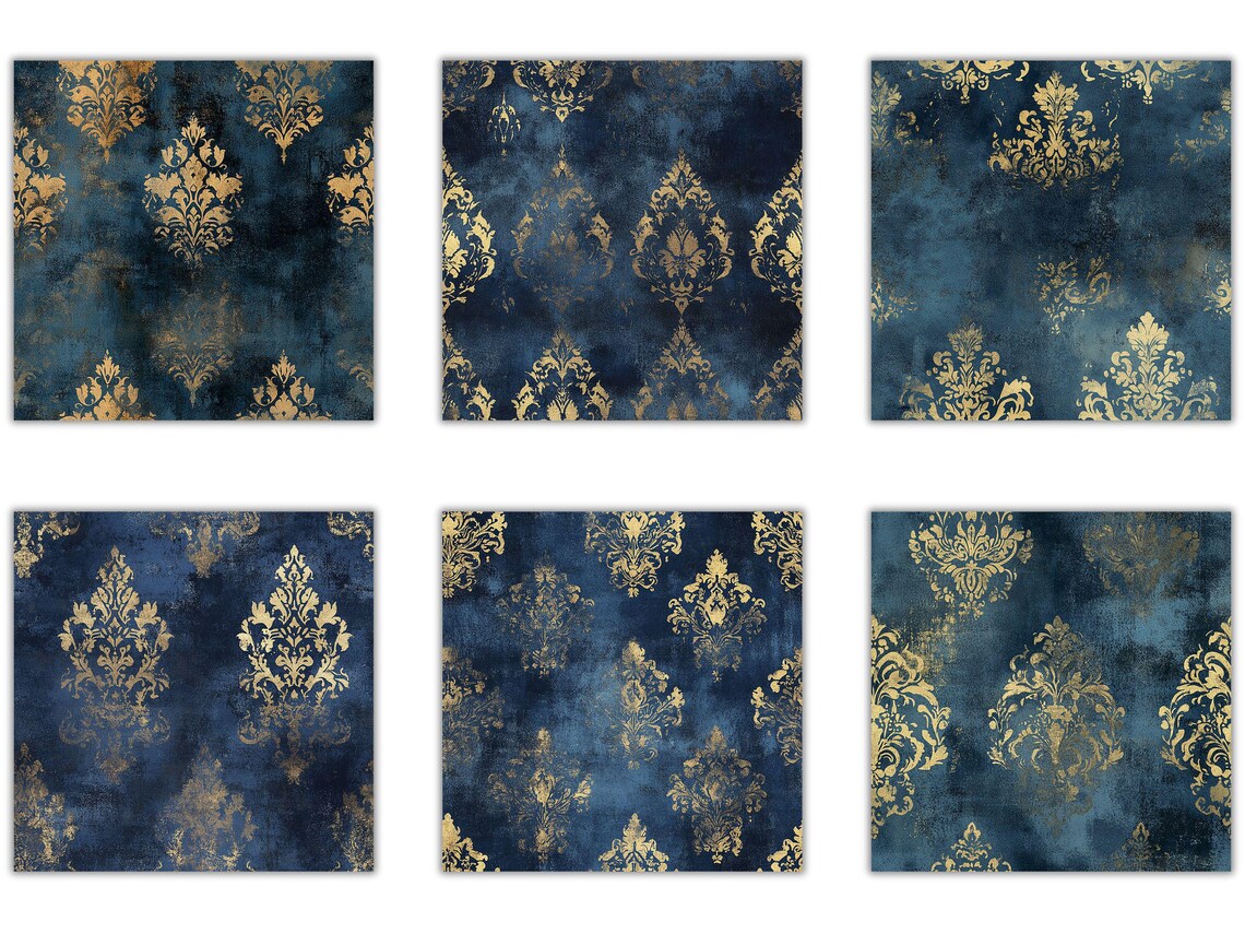Vintage Navy and Gold Damask Digital Paper Bundle – 23 Seamless Baroque ...